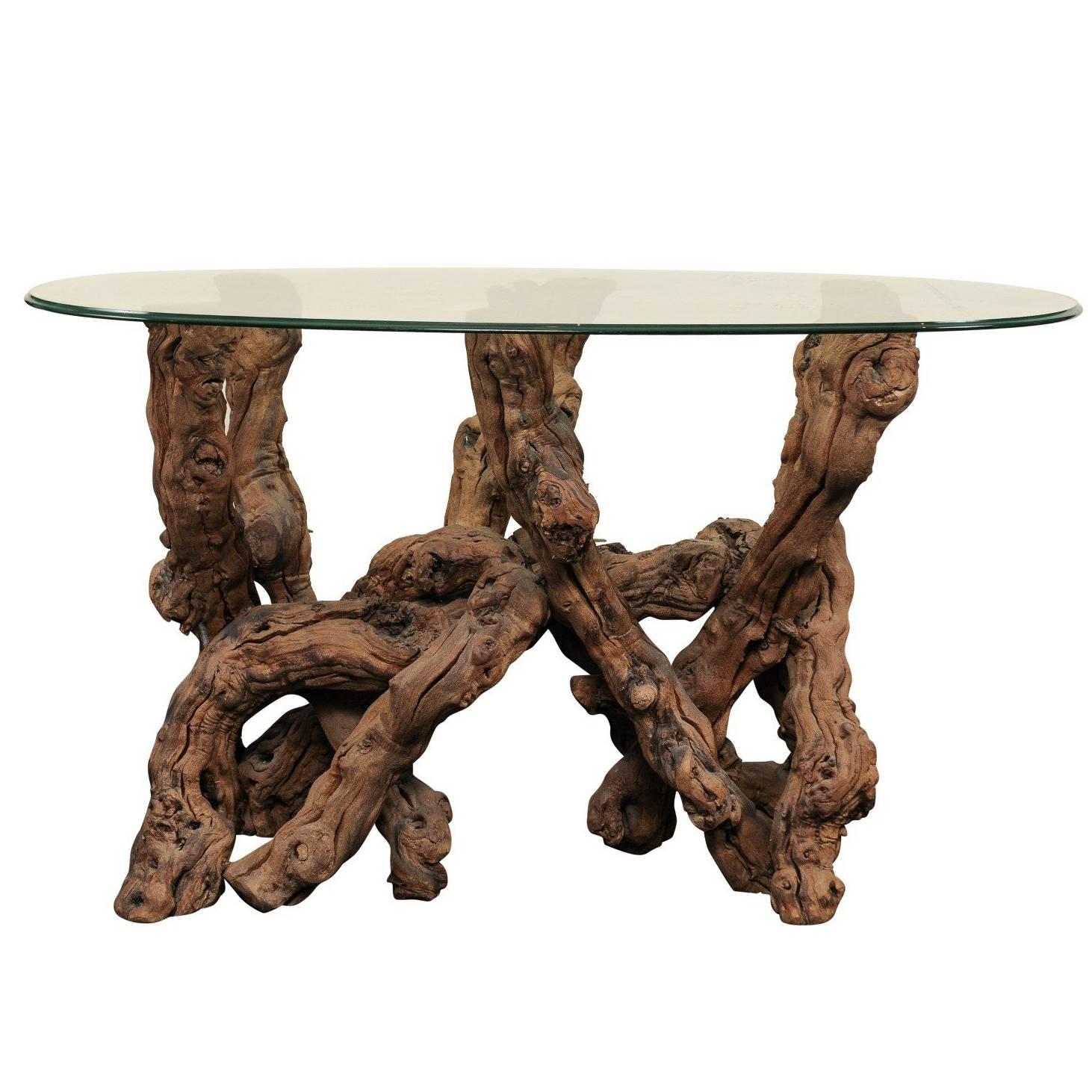Vintage European Glass Top, Grape Vine / Natural Wood Base Oval Rustic ...