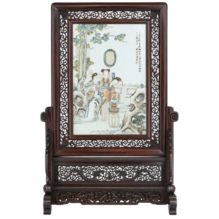 Antique Chinese Rosewood Screen with Painted Porcelain Plaque at 1stDibs