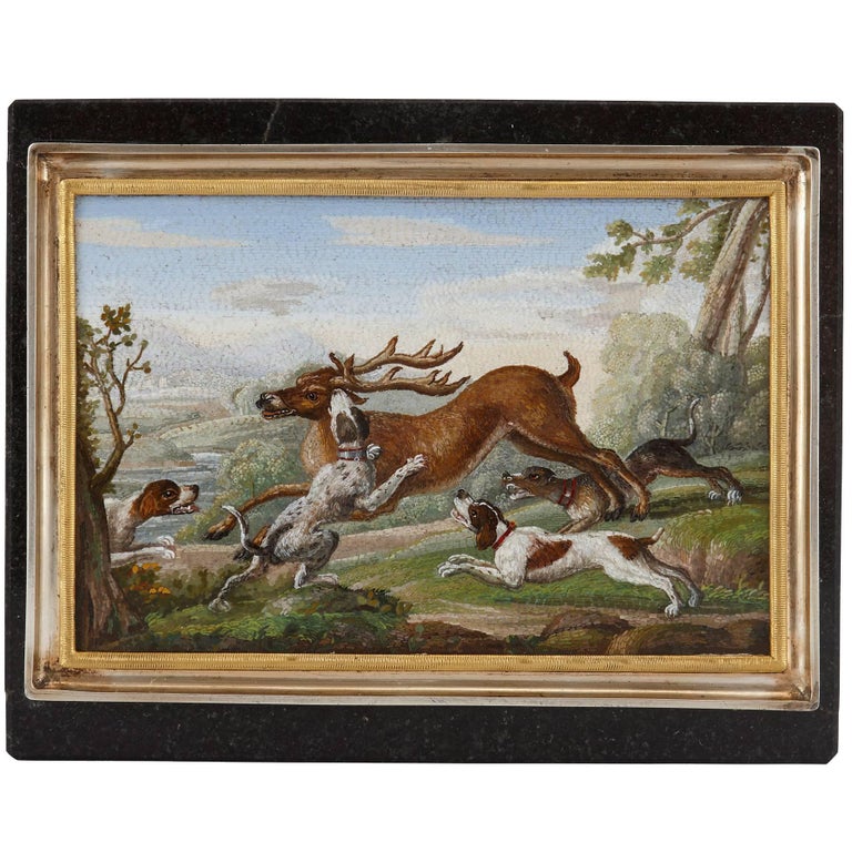 Antique Silver Gilt Mounted Italian Hunting Scene Micromosaic Snuff Box ...