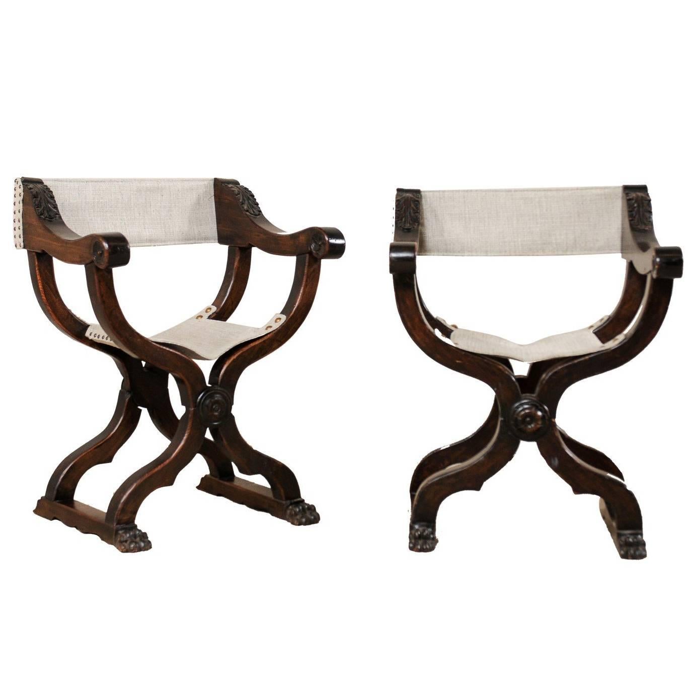 Pair of Italian X-Framed Dante Style Chairs in Rich Wood, Upholstered ...