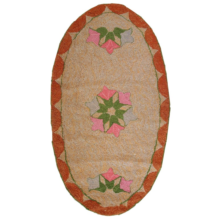 Handmade Antique American Oval Hooked Rug, 1920s at 1stDibs