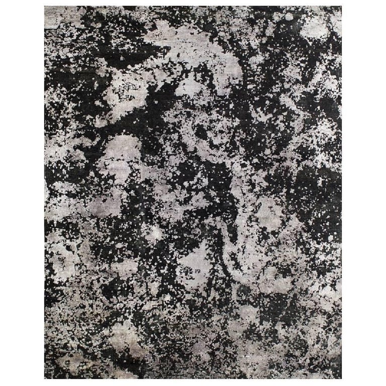 Black Grey Abstract Sustainable Wool Silk Hand-knotted Rug in Stock or ...
