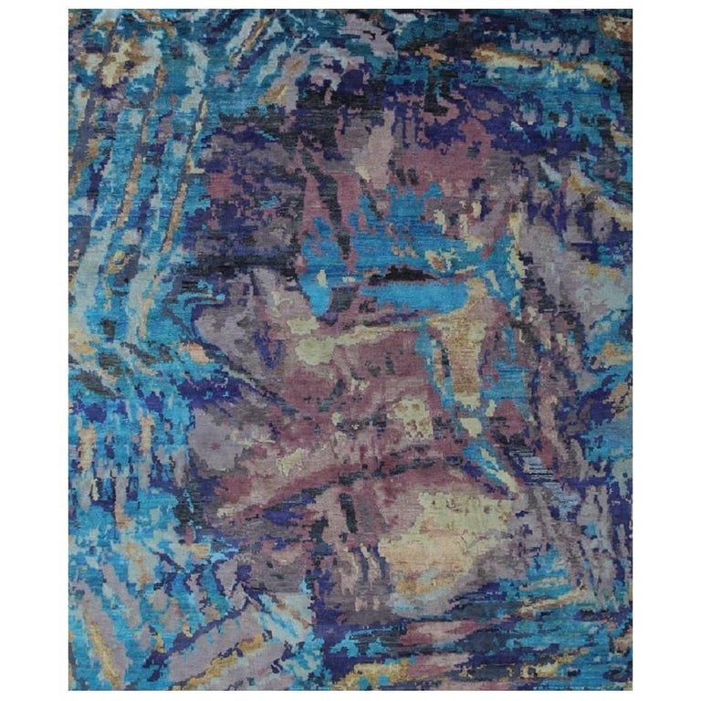 Modern Turquoise Blue Purple and Gold Hand-knotted Wool and Silk Rug in ...