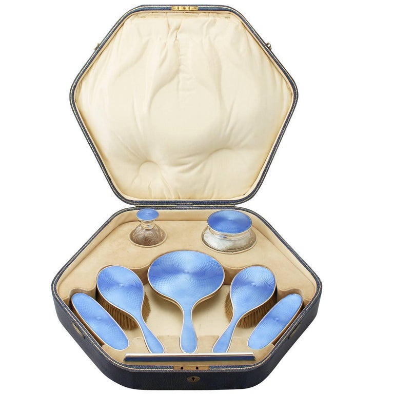 1925 Sterling Silver Cut Glass and Guilloche Enamel Dressing Table Set ...