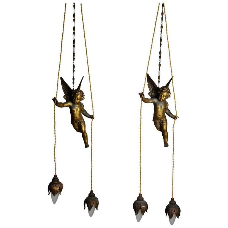 19th Century French Gilded Flying Putti Holding Flower Lamps at 1stDibs