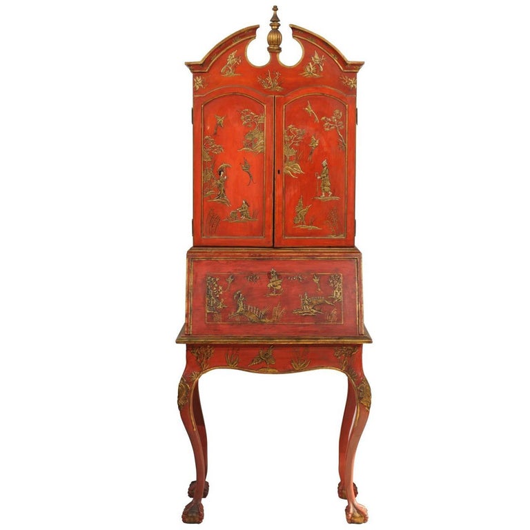 1940s Chinese Red Painted Secretary with Gilded Accents and Slant-Front ...
