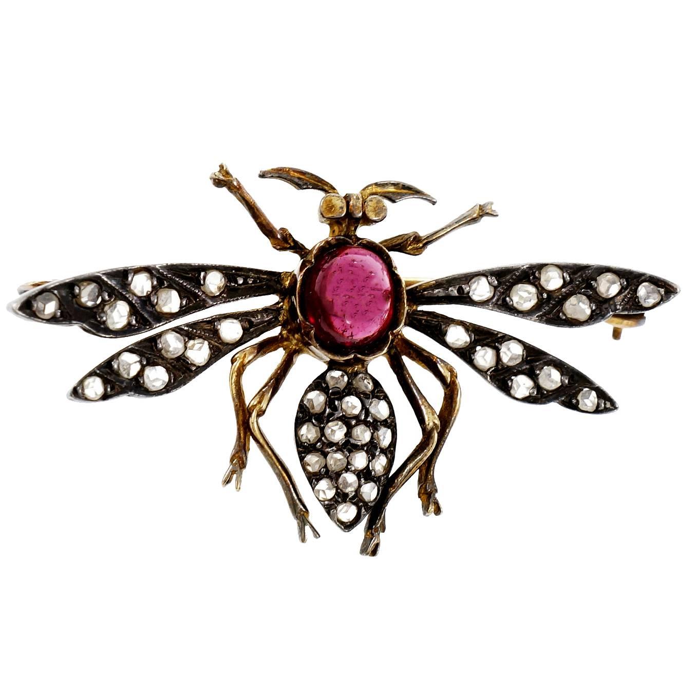 Garnet Diamond Silver Gold Wasp Pin at 1stDibs