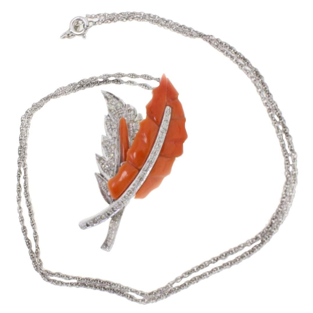 Diamonds, Red Coral, 14 Karat White Gold Two Leaves Shape Pendant ...