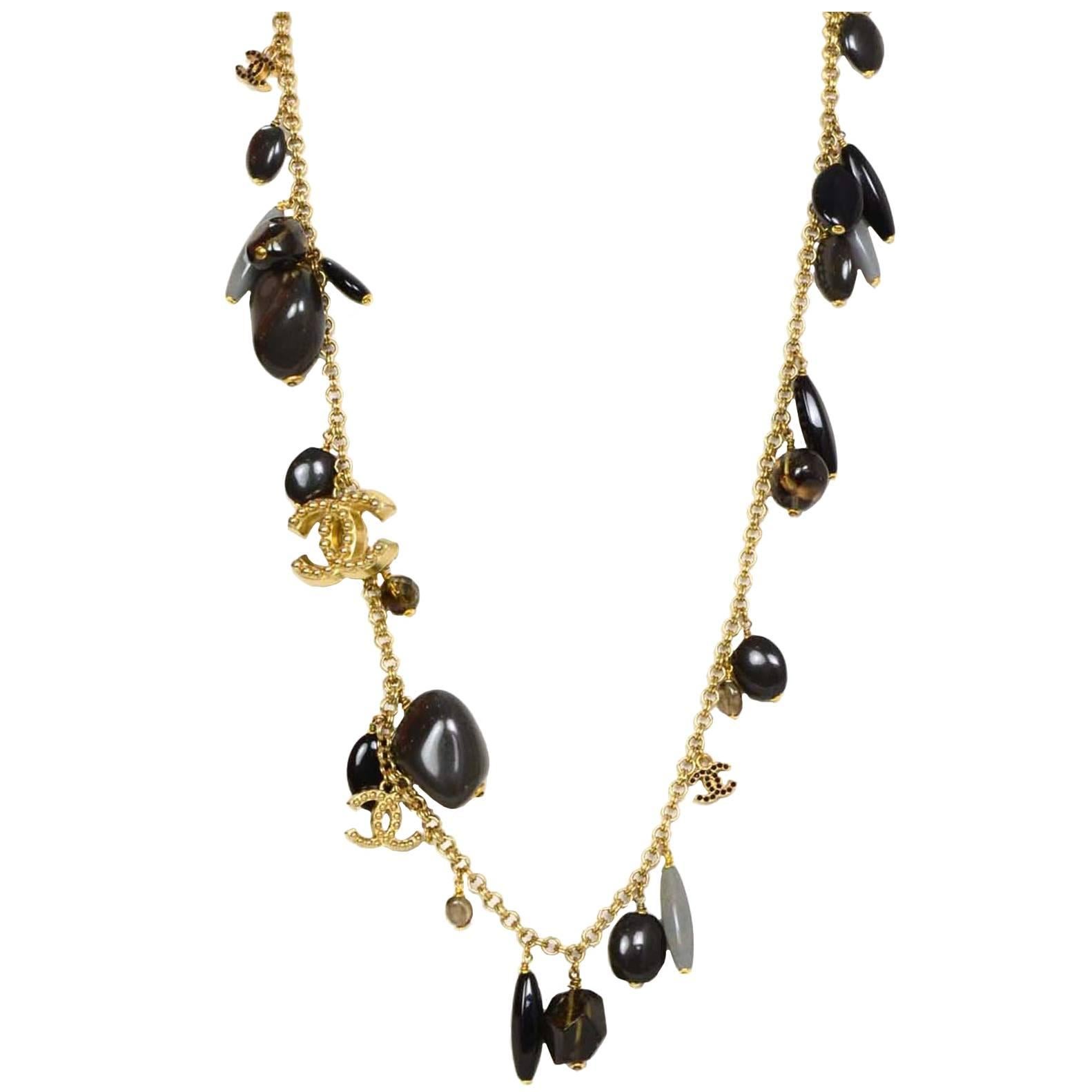 Chanel Grey and Brown Stone CC Charm Long Necklace at 1stDibs