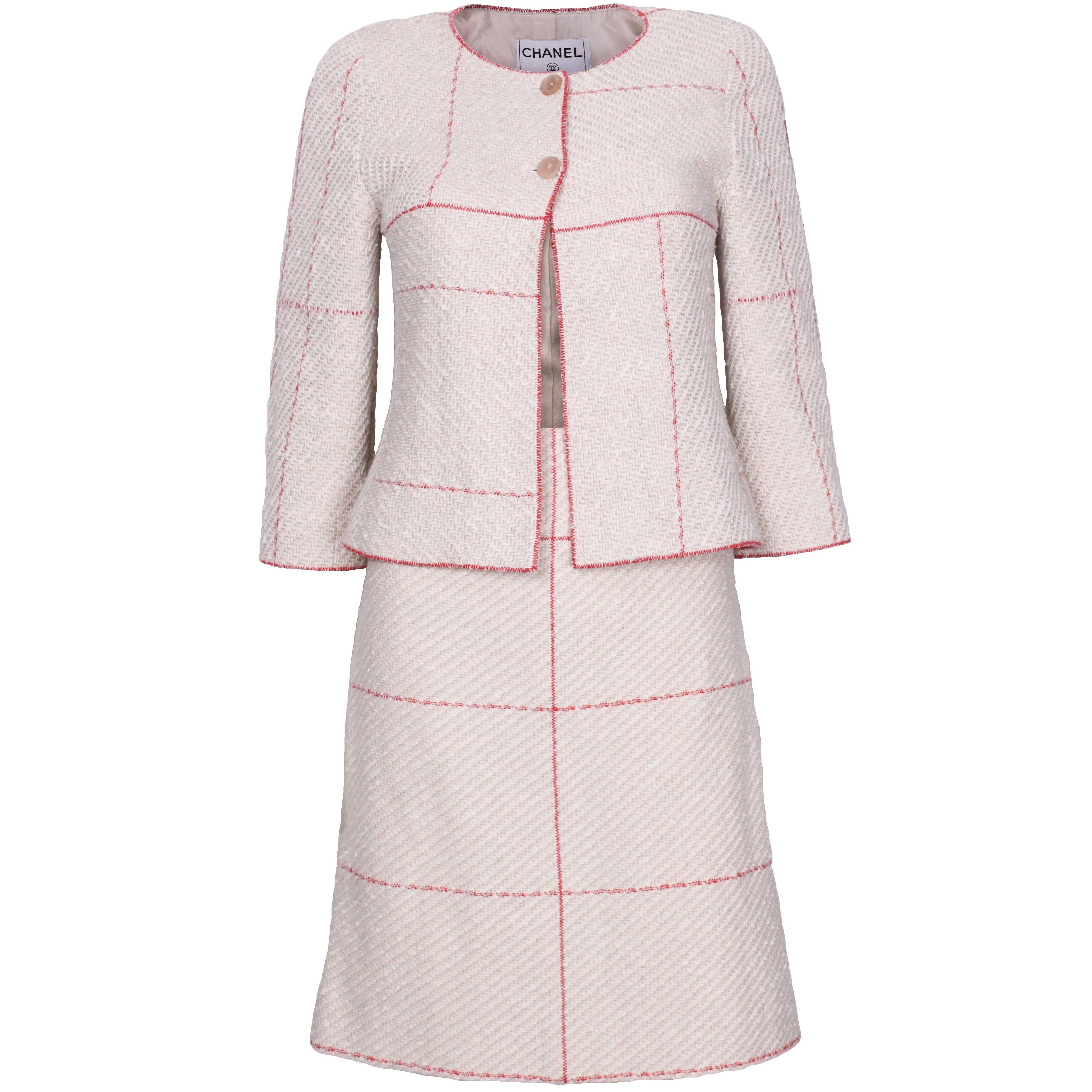 Ivory and Red Chanel Skit Suit at 1stDibs