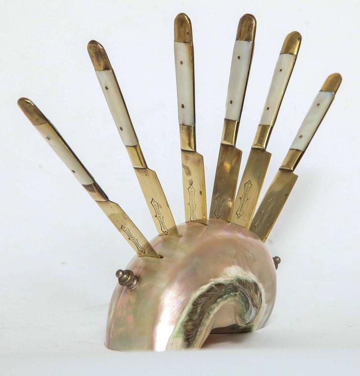 Mother-of-pearl and Bronze Pate Knife Set on a Shell at 1stDibs