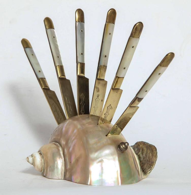 Mother-of-pearl and Bronze Pate Knife Set on a Shell at 1stDibs