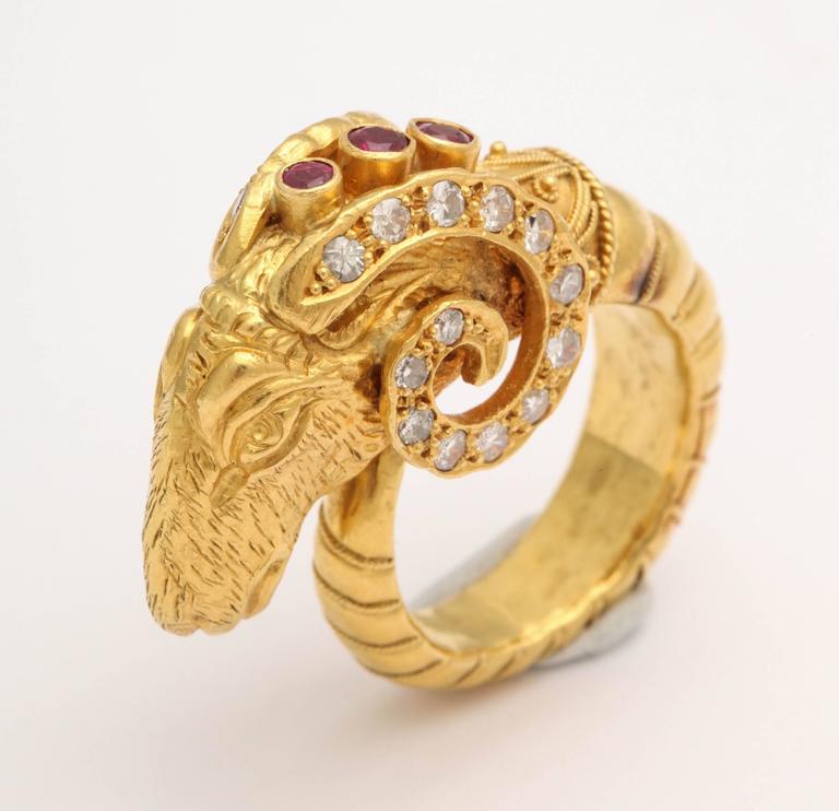 Etruscan Style Gold Ram's-Head Ring with Diamonds and Rubies at 1stDibs
