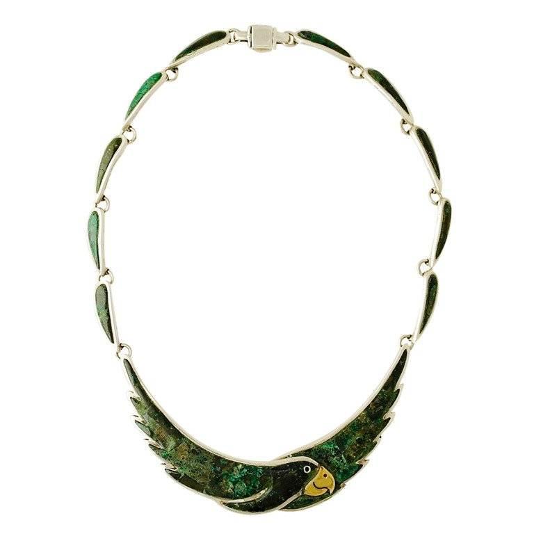 Emilia Castillo Taxco Sterling Silver and Stone Inlay Parrot Necklace ...