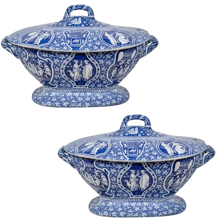 A Pair of Copeland Spode Blue and White Neoclassical Soup Tureens at ...