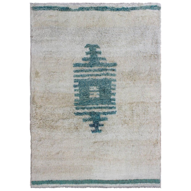 Unique Turkish Vintage Tulu Rug with Modern Design in Teal and Off ...