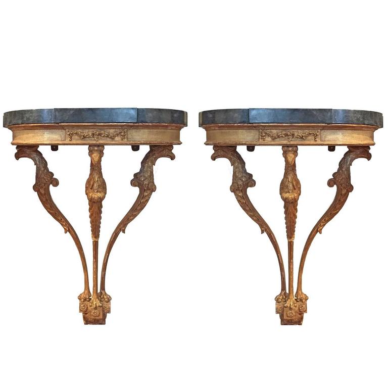 Pair of Adam Inlaid Satinwood and Carved Giltwood Hanging Consoles at ...