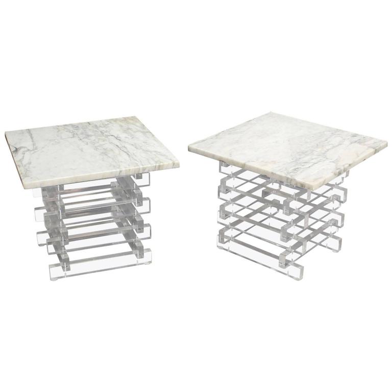 Pair Stacked Lucite Base and Marble Top Square Side Mid Century Modern ...