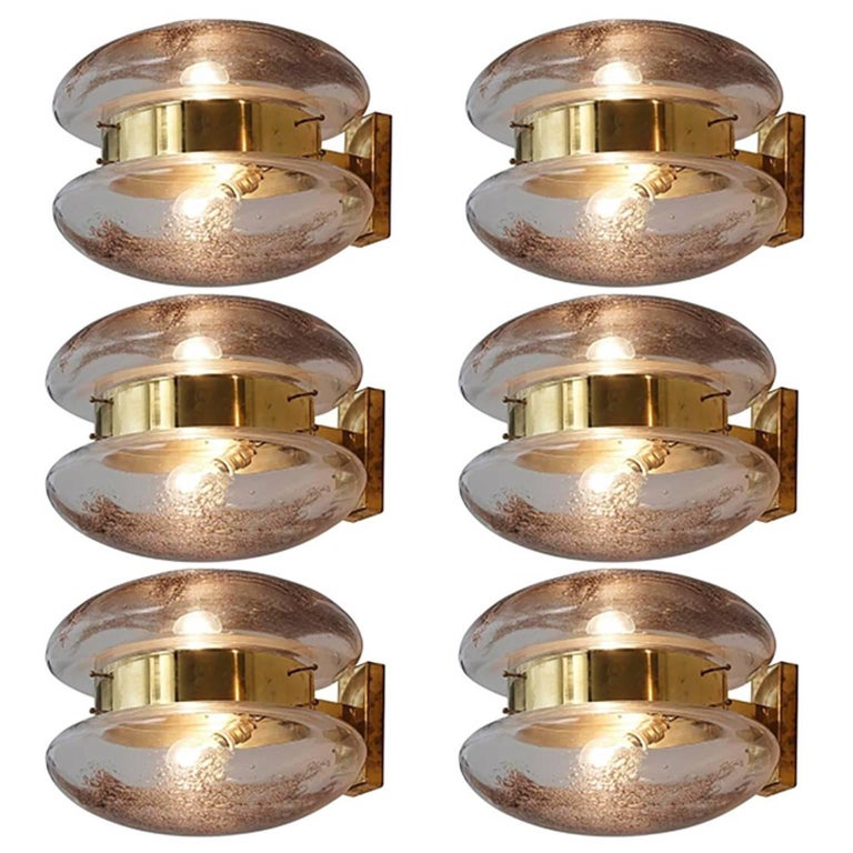 Set of Six Extremely Large Wall Lamps in Brass and Art Glass For Sale ...