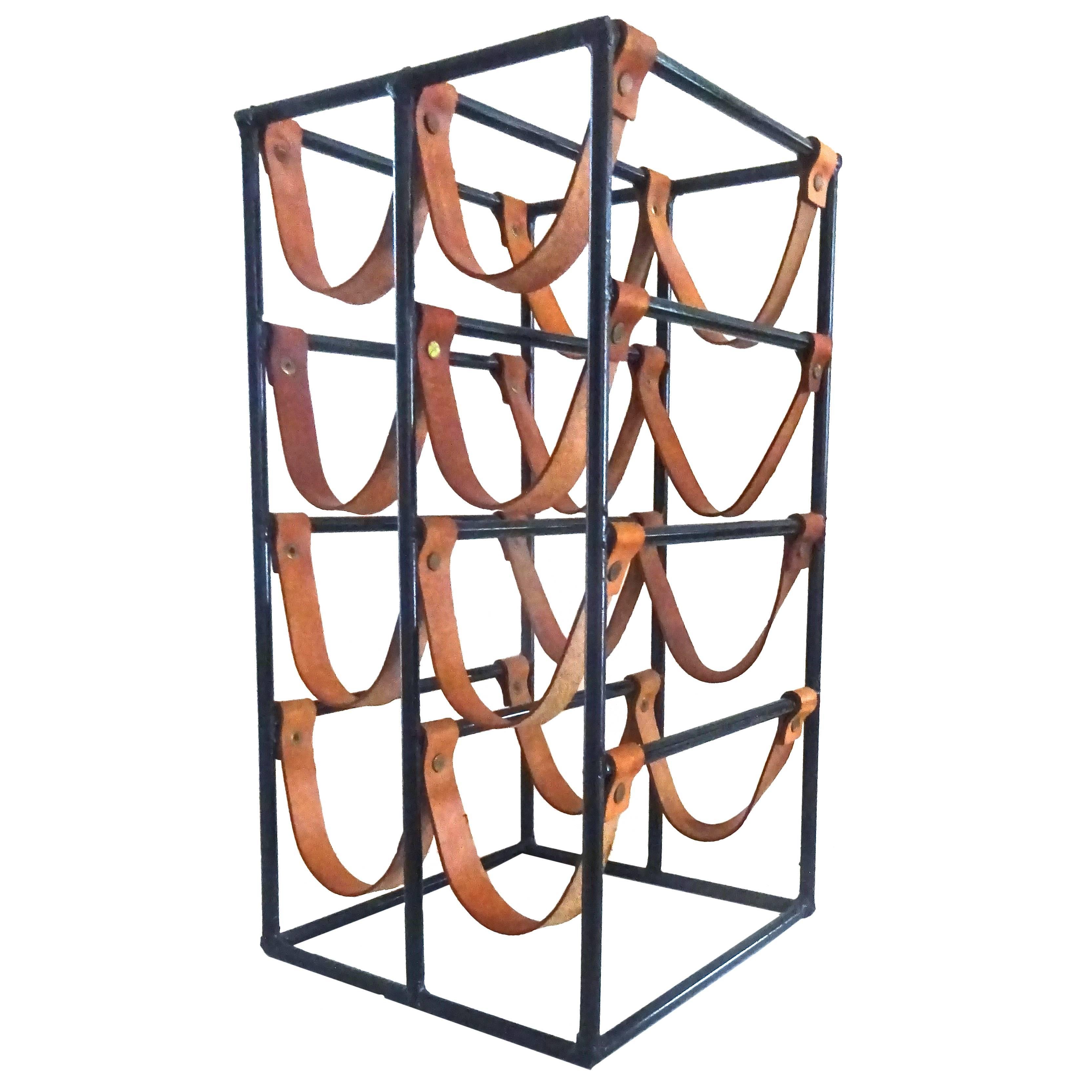 Modernist 1950s Arthur Umanoff Iron and Leather Wine Rack at 1stDibs