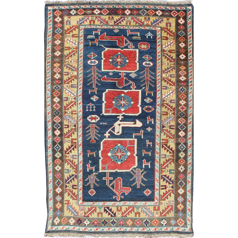 Antique Caucasian Karaqashli Rug in Blue Background and Yellow Border ...