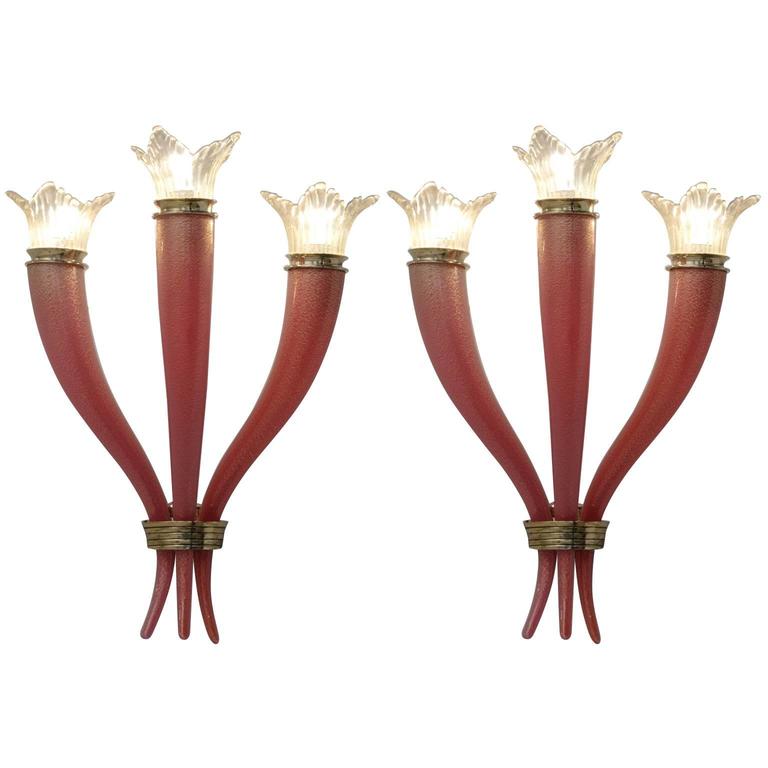 Tomaso Buzzi Extremely Rare Pair of Red Sconces for Venini For Sale at ...
