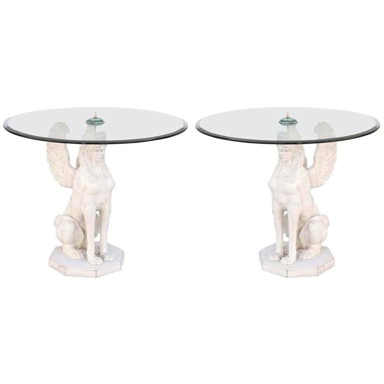 Pair of Carved Wood, Winged Sphinx Tables with Glass Tops at 1stDibs