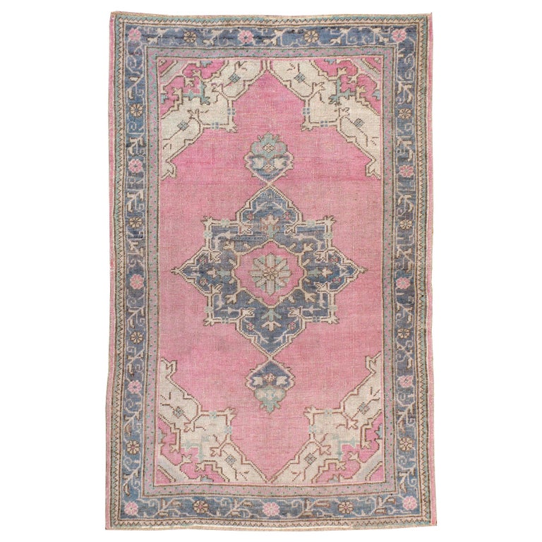 Midcentury Handmade Turkish Oushak Throw Rug In Pink and Blue-Grey at ...