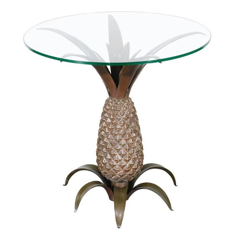 Vintage Bronze Pineapple Side Table with Glass Top For Sale at 1stdibs