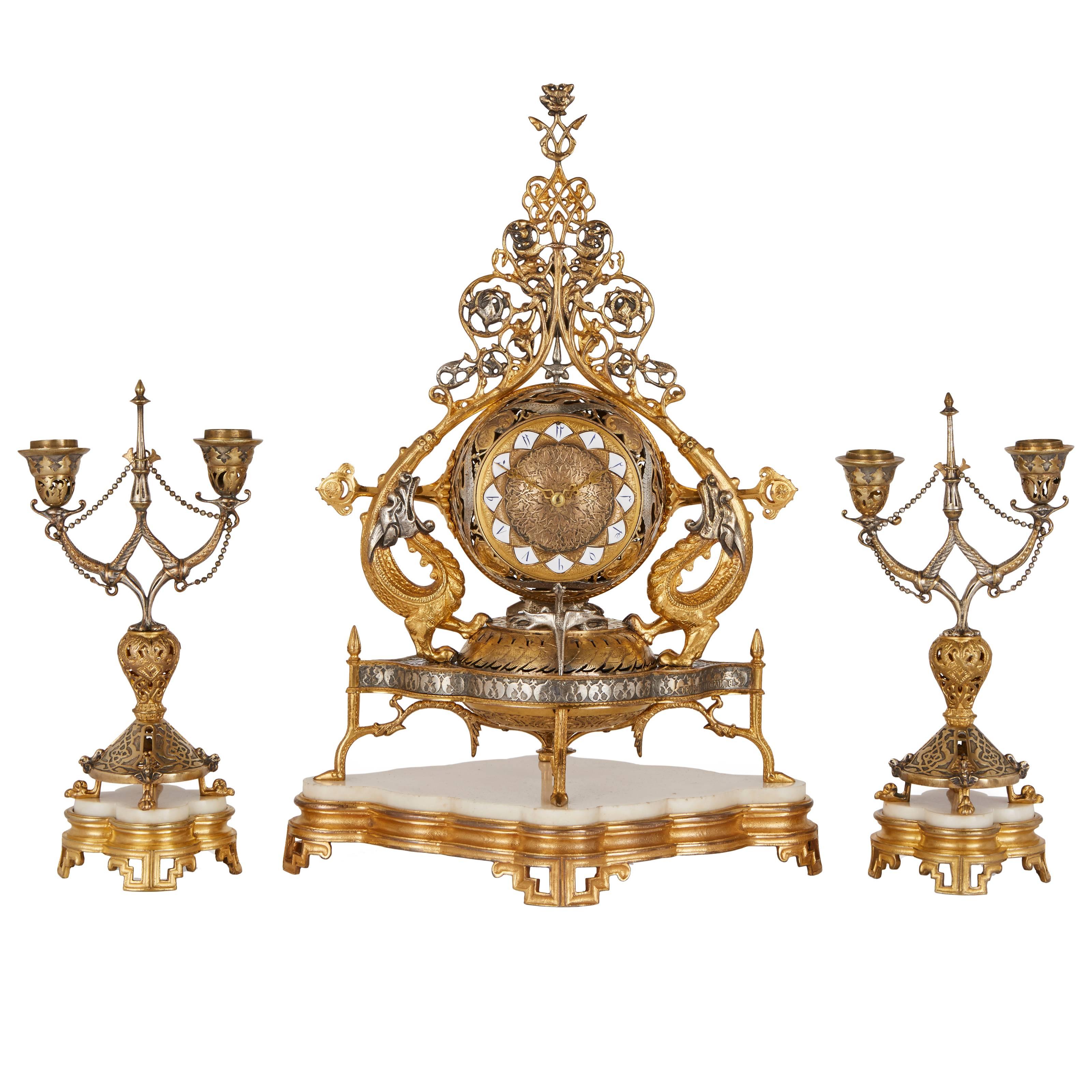 Napoleon III period marble, silvered and gilt bronze clock set at 1stDibs