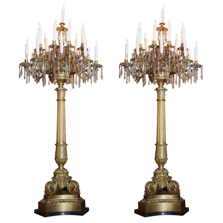 Large 19th c. French Bronze Doré and Crystal 19-Light Torchieres ...