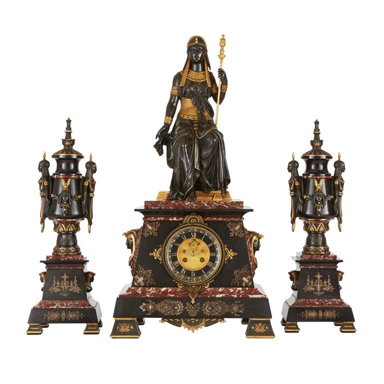 Egyptian Revival Marble, Gilt and Patinated Bronze Three-Piece Clock ...