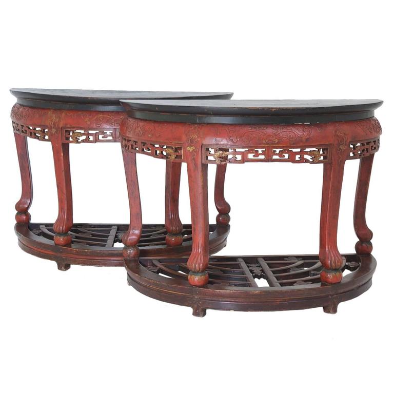 Antique Carved Red Lacquered Chinese Center Table or Pair of Demilune ...