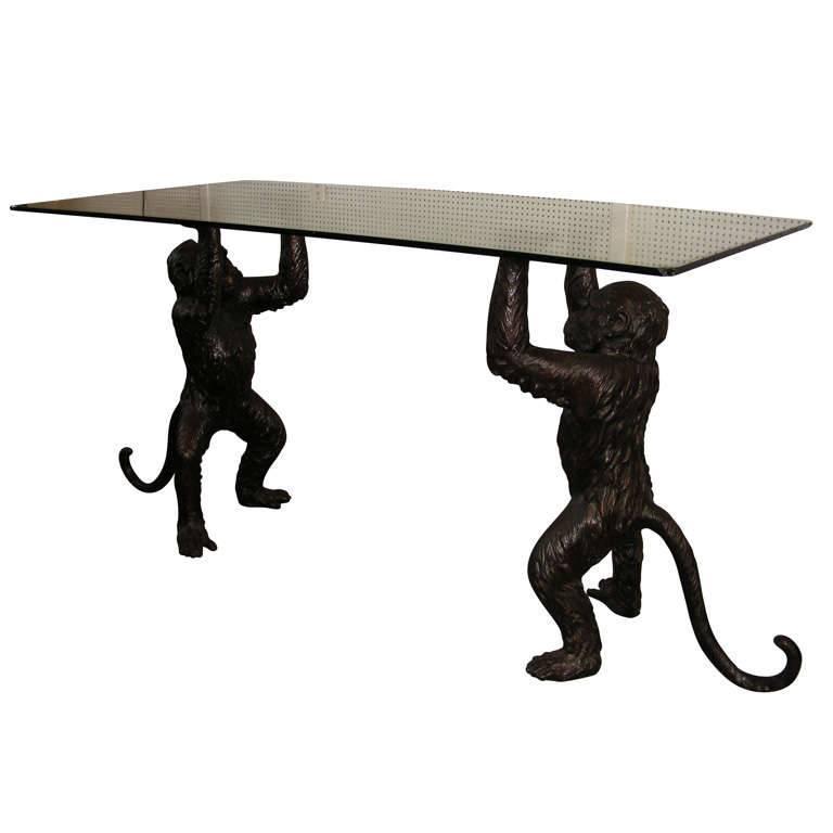 1980s Console Table Supported by Two Bronze Monkeys at 1stDibs