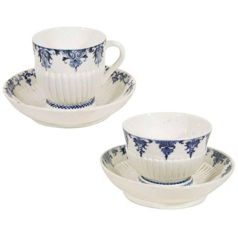 Antique French Soft Paste Porcelain Blue and White Cups and Saucers at ...