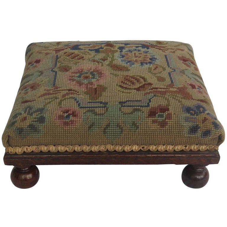 Late Victorian Footstool Oak with Bun Feet Tapestry top, English Circa ...