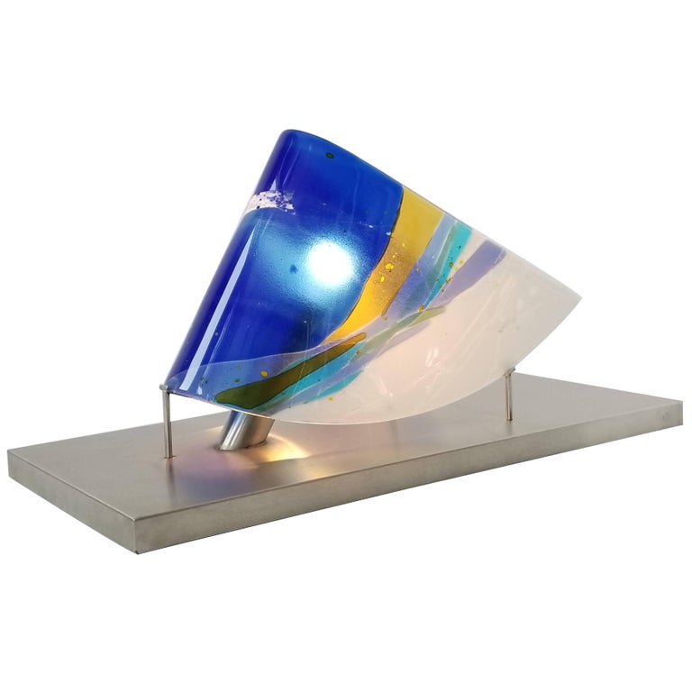 Huge Fused Glass Table Lamp Art Piece on Stainless Steel Base , USA ...