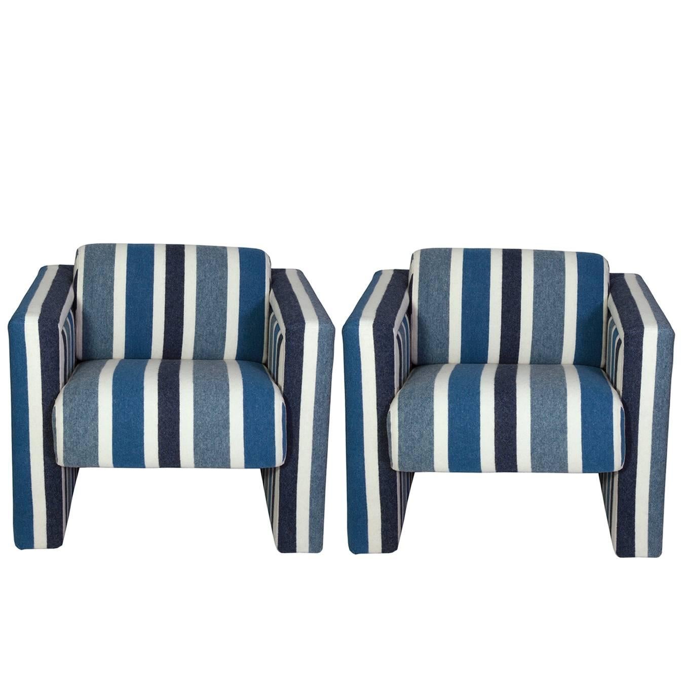 Nautical Club Chairs in Blue and White Wool, Pair at 1stDibs