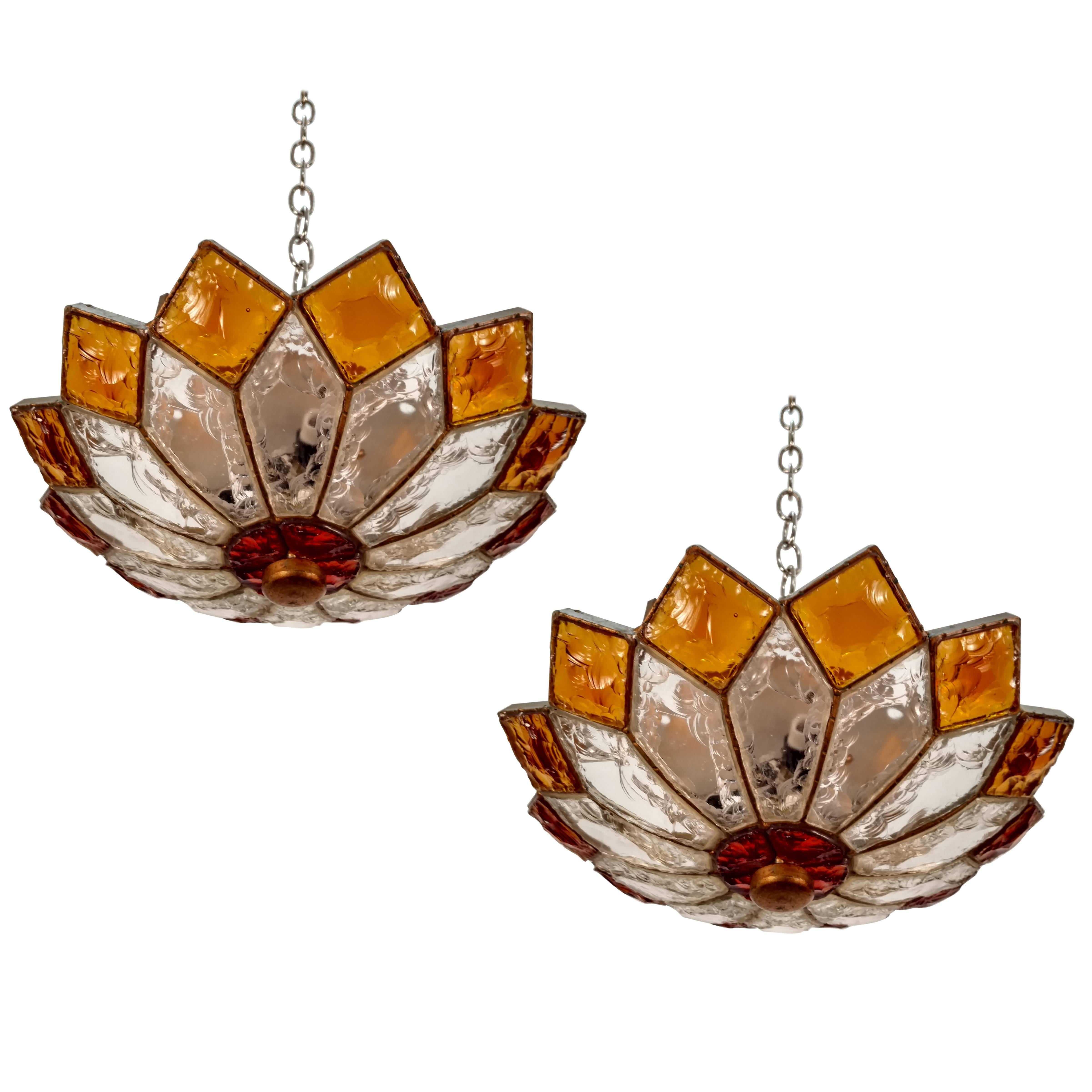 Fluted Frosted Glass Flush Mount Ceiling Fixture with Brass Detail at ...