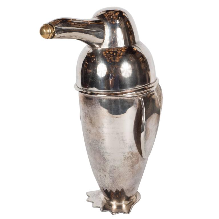 Art Deco Style Penguin Cocktail Shaker in Silver Plate with Brass ...