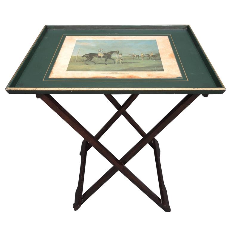 Vintage English Wood Bar Tray Table with Decoupage Equestrian Print ...