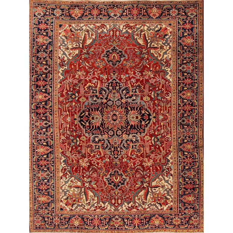 Antique Persian Heriz Red Handmade Medallion Motif Wool Rug For Sale at ...