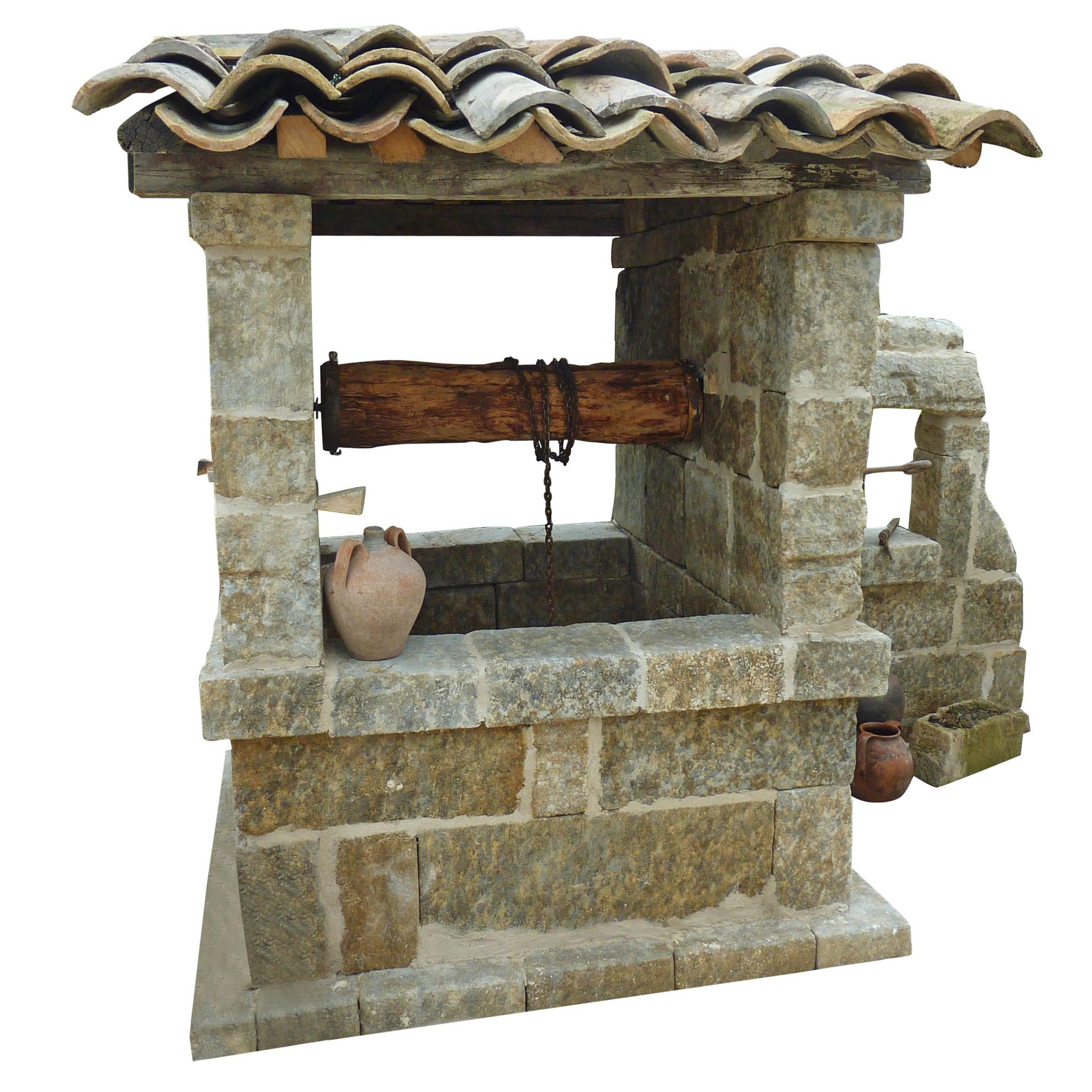 Superb 19th Century French Limestone Well with Tiled Roof and Side-Wall ...