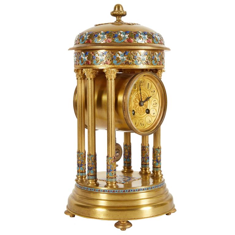 French Cloisonne Champleve Enamel Round Mantle Clock with Columns at ...