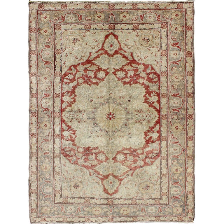 Fine Turkish Oushak Carpet with Center Medallion in Light Red and Cream ...