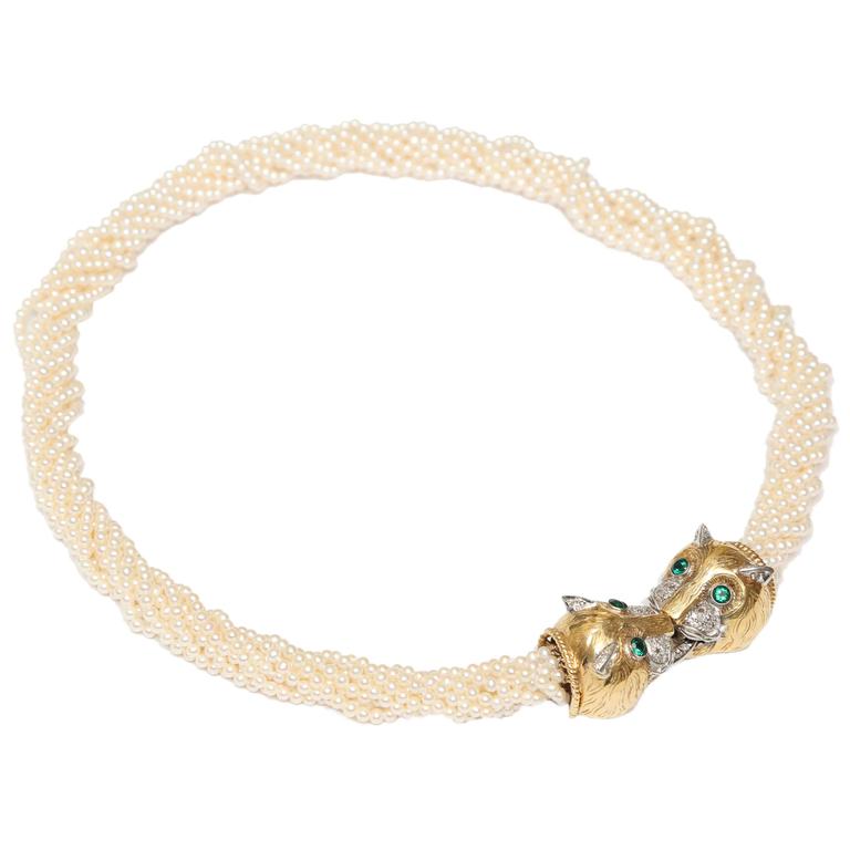 Nine Strand Cultured Pearl Necklace with Jaguar Gold and Diamond Clasp ...
