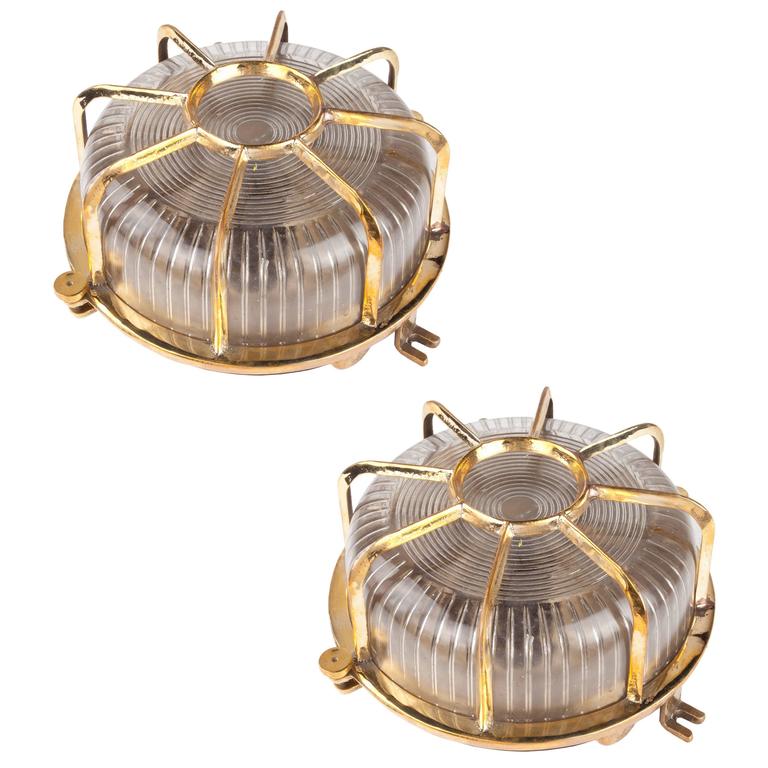 Pair of Nautical Brass Ship's Passageway Lights with Fresnel Lens ...
