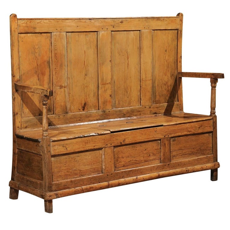 English Pine and Elm Wooden Box-Settle with Panelled Back, Column Arms ...