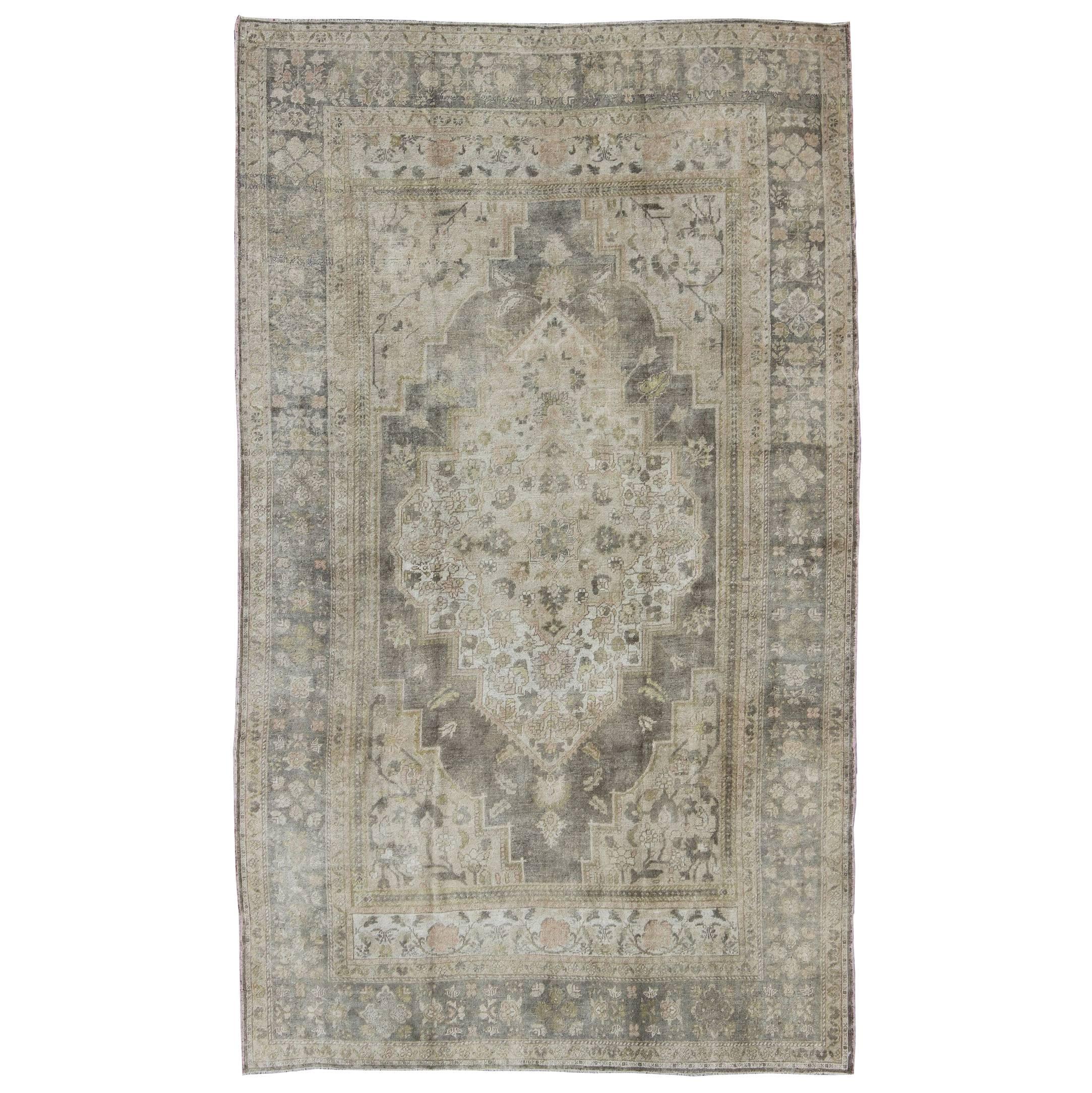 Vintage Turkish Oushak Rug with Floral Medallion in Gray, Ivory and ...
