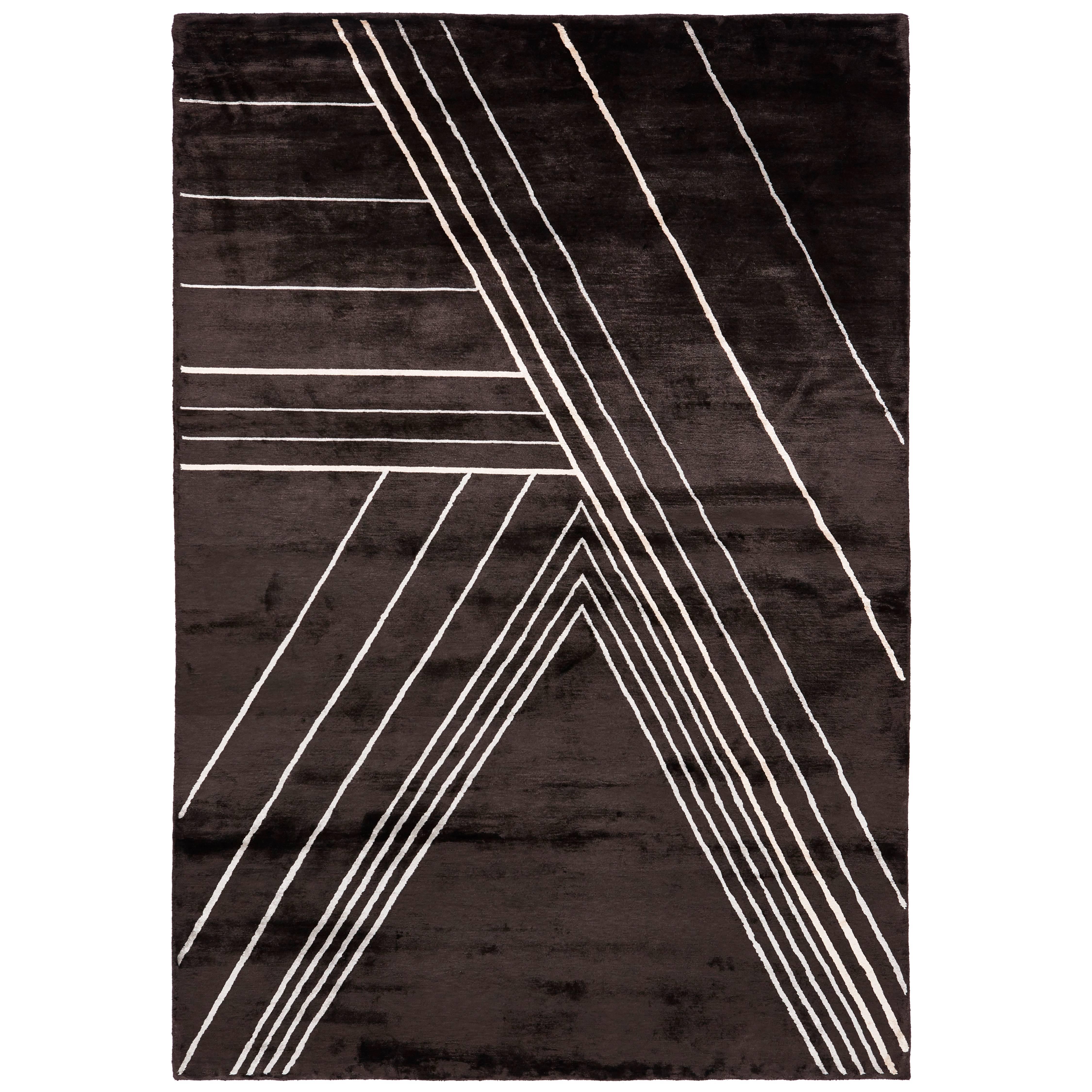 Black Hand Knotted Viscose Linear Geometric Rug For Sale at 1stDibs